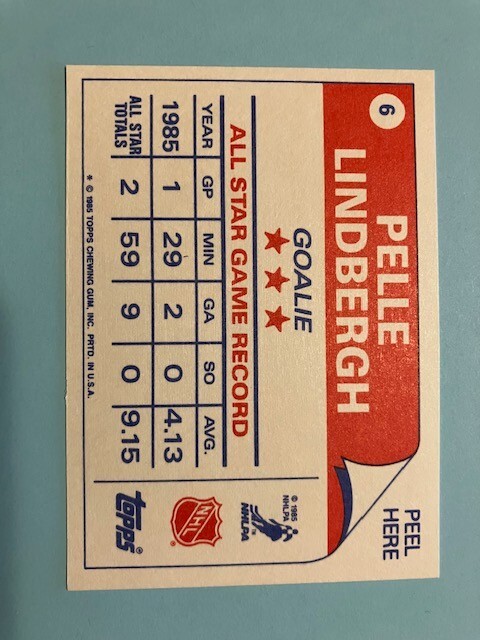 1985-86 Topps Hockey All Star Sticker Pelle Lindbergh #6 Phila Flyers ...
