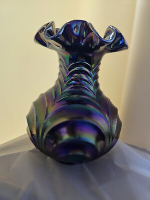 FENTON Art Glass Carnival Glass Drapery Vase Circa 1960's Electric Blue ...