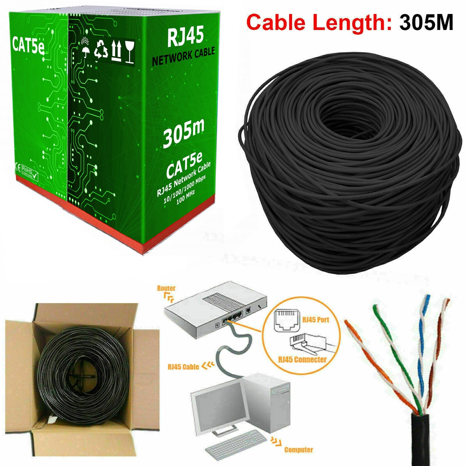 305M RJ45 Cat5e Outdoor Network Ethernet UTP Cable 4 Pair ADSL Modem ...
