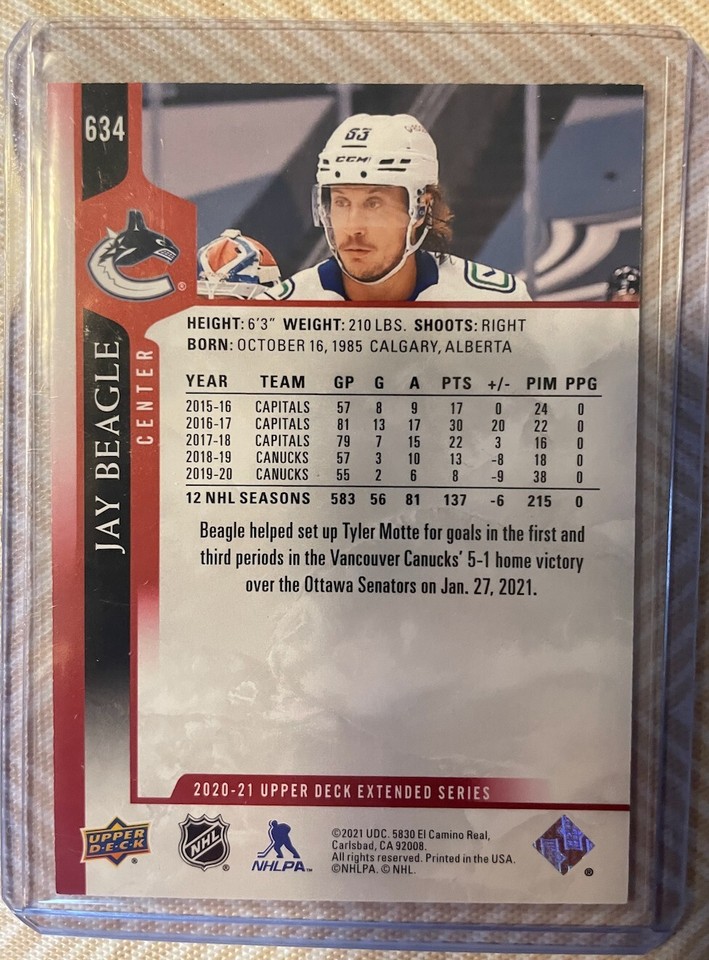 2020-21 Upper Deck Extended Series UD Exclusives /100 Jay Beagle #634 ...