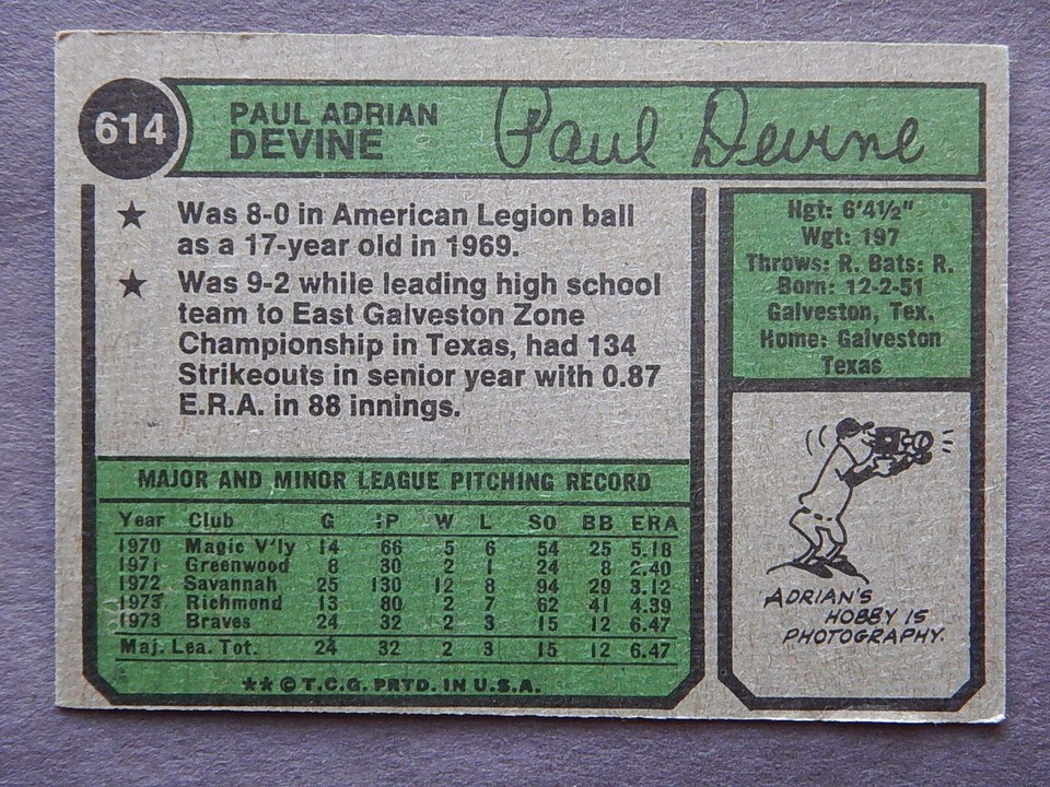 Adrian Devine #614 Topps 1974 Baseball Card (Atlanta Braves) VG | eBay