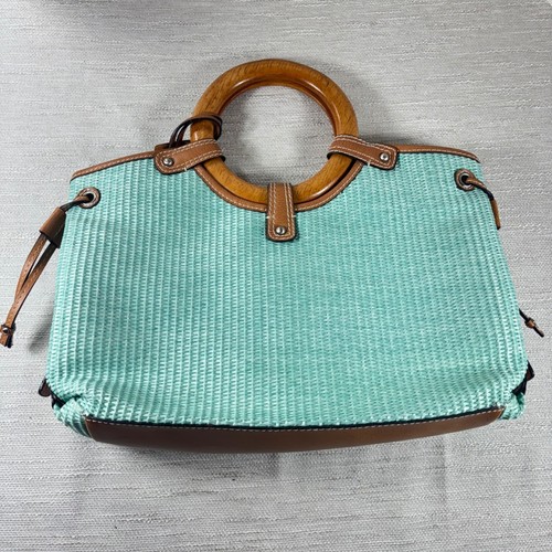 Fossil Teal Woven Straw Tote Bag Wood Handles Leather Trim Shoulder Bag ...