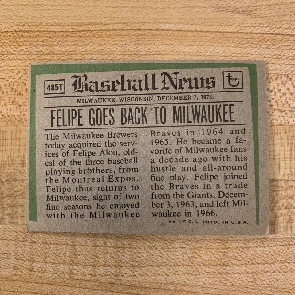 1974 Topps Felipe Alou # 485 T 485T Milwaukee Brewers Baseball Card ...