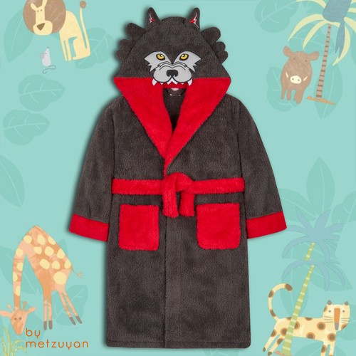 Childrens Boys Soft Wolf Dressing Gown Robe Hooded Novelty Cosy Snuggle ...