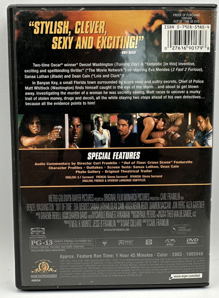 Out Of Time DVD Special Edition Denzel Washington Widescreen ...