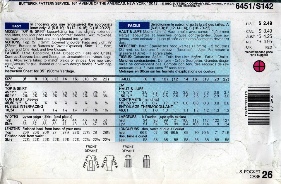 Butterick See & Sew 6451 Top & Pleated Skirt Sewing Pattern Size 6-8-10 ...