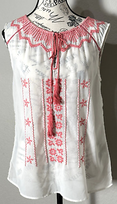 Sfera Peasant Tank Top Womens Medium White & Pink Embroidered Cotton ...