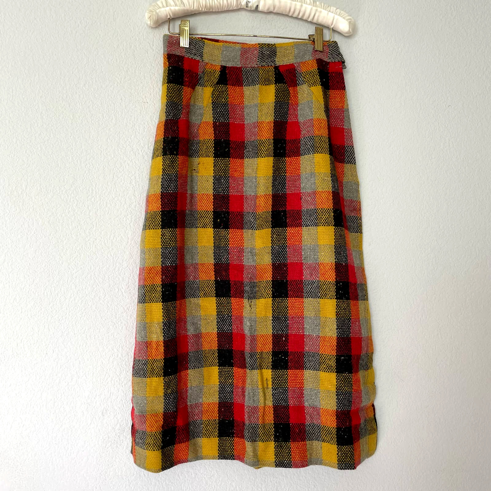 Vintage 30s-40s check plaid yellow red wool straight … - Gem