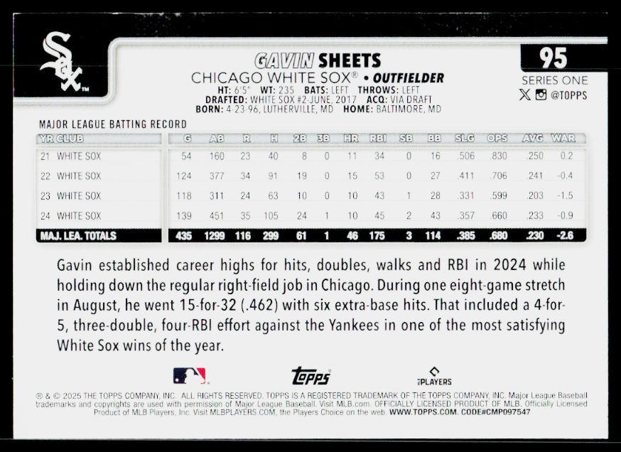 2025 Topps Gavin Sheets #95 Chicago White Sox | eBay