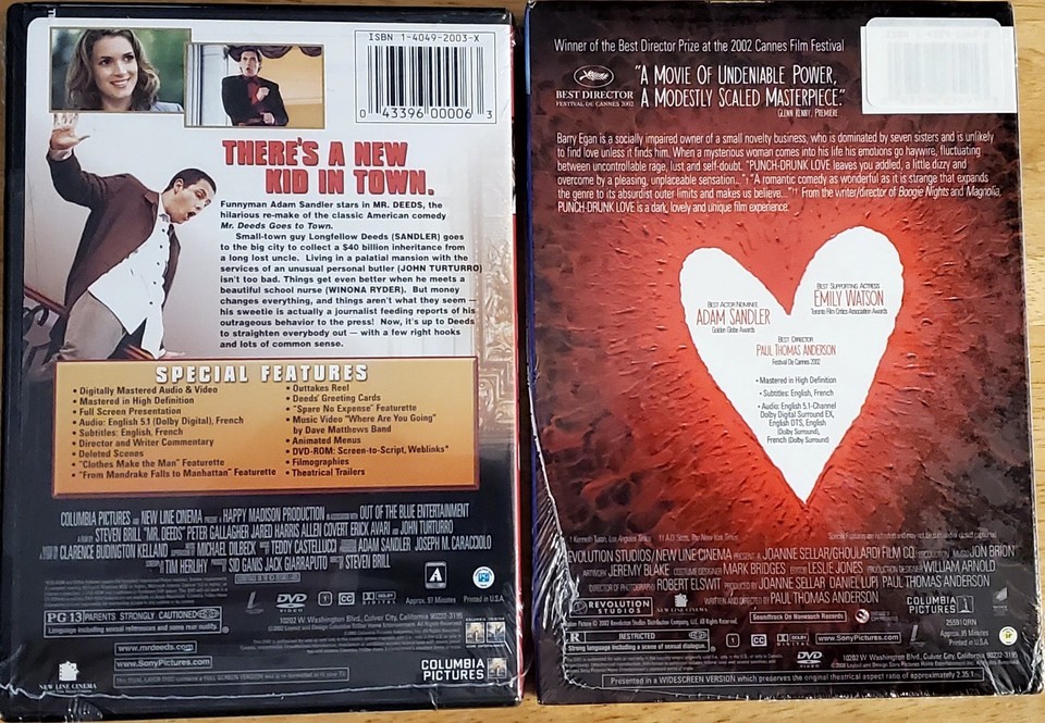 NEW SEALED Adam Sandler DVD LOT Mr. Deeds & Punch-Drunk Love Comedy 2 ...