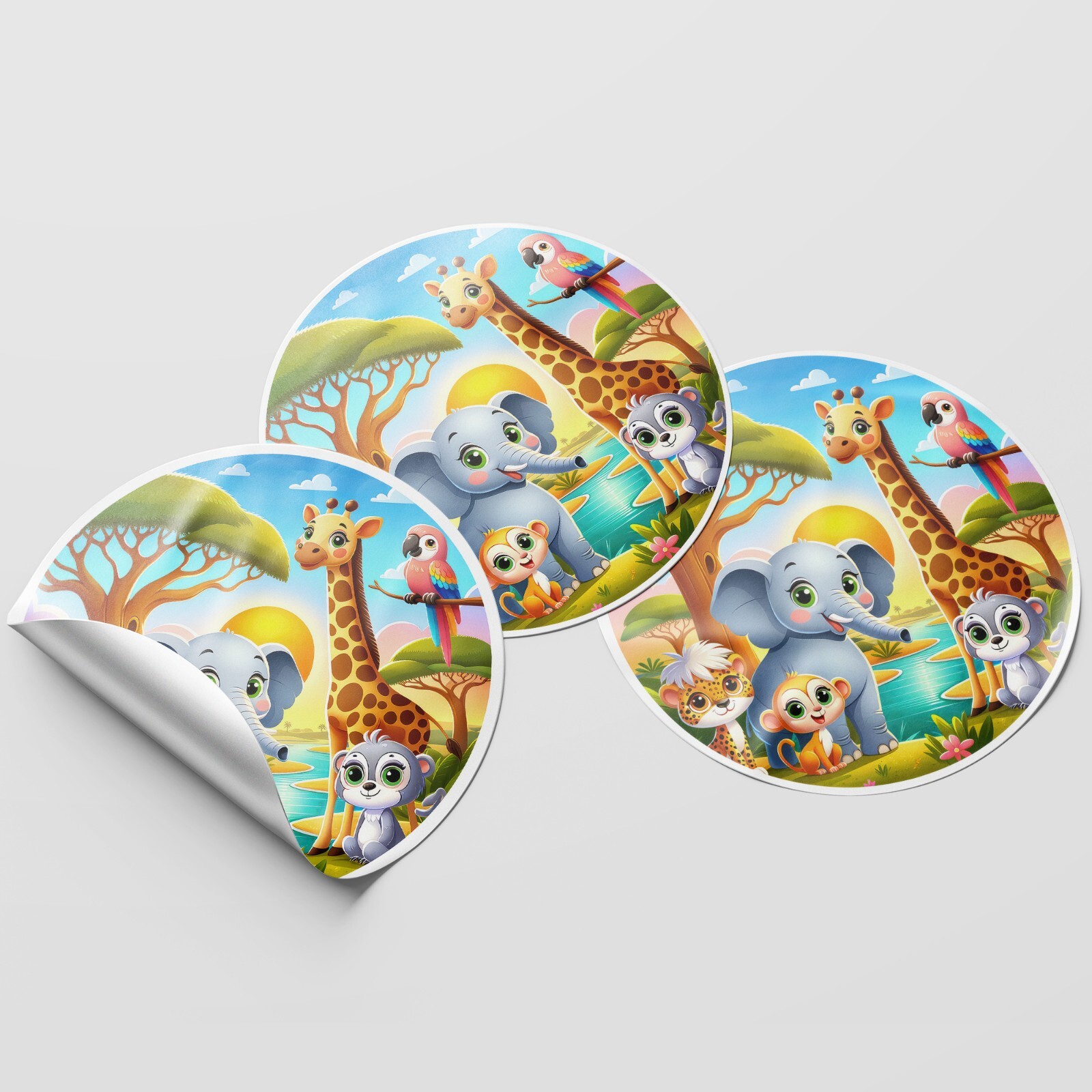 Safari Animals 3 Circle Stickers - 25mm - 35mm - 50mm - 60mm Matte or ...