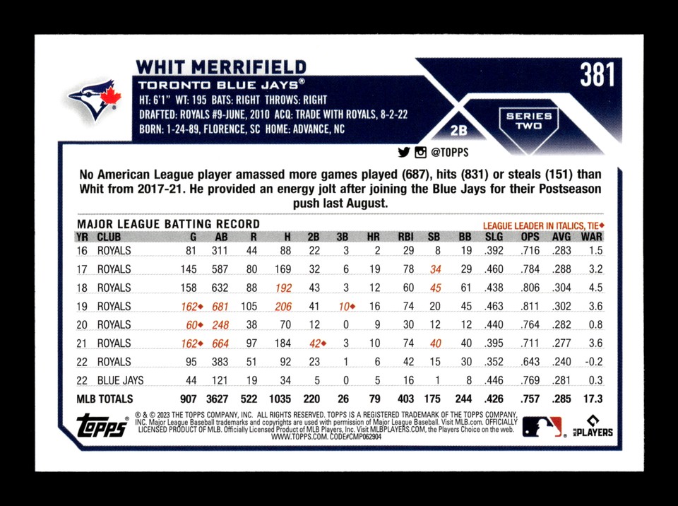 2023 Topps Series 2 #381 Whit Merrifield - Toronto Blue Jays Baseball ...