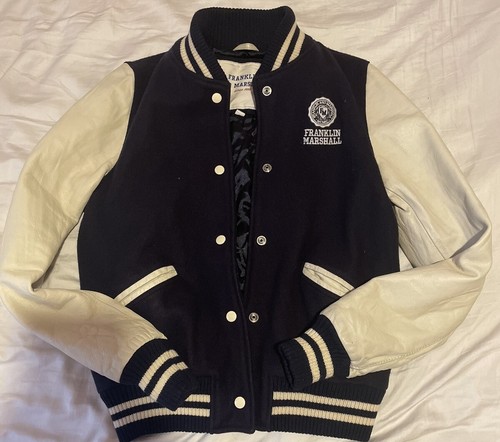 FRANKLIN MARSHALL NAVY AND WHITE VARSITY BASEBALL JACKET MEDIUM / UK 10 ...