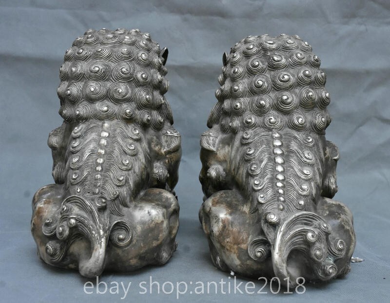 10 " Ancient China Silver Fengshui Fu Dog Lions Beast Wealth Bixie ...