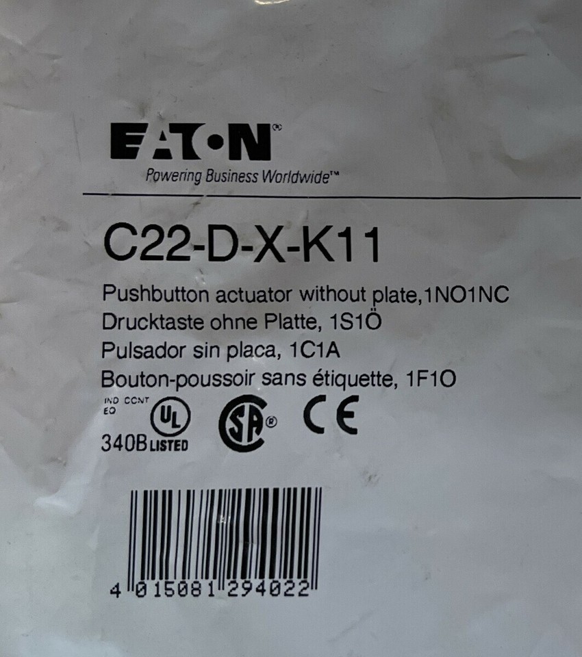 Eaton C22-D-X-K11 Compact Pushbutton 22.5mm 1NO 1NC Buttonless NEMA 4X ...