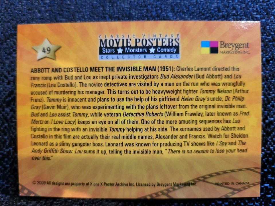 Abbott & Costello meet The Invisible Man Movie Poster Collectors Card ...