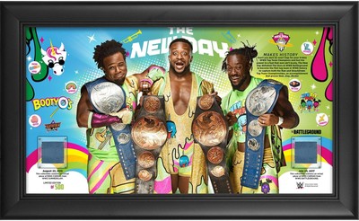 The New Day WWE Framed 10x18 Tag Team Champs Collage w/Pieces MU Canvas ...