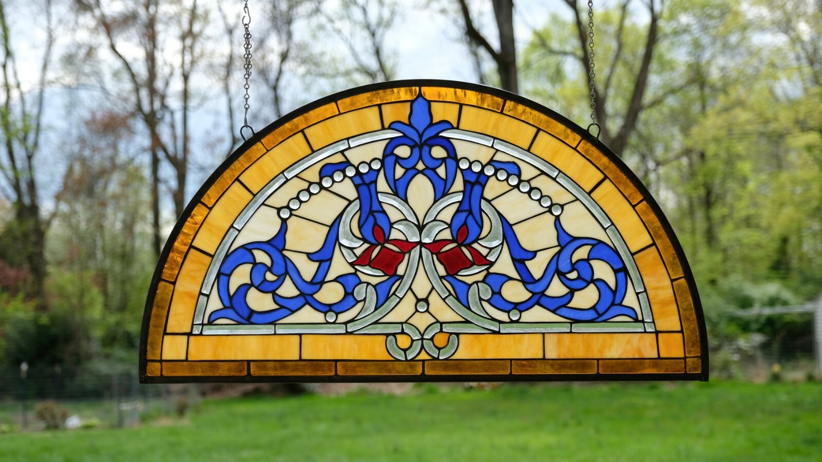 Handcrafted stained glass window panel Half Round Beveled Glass 34" x ...