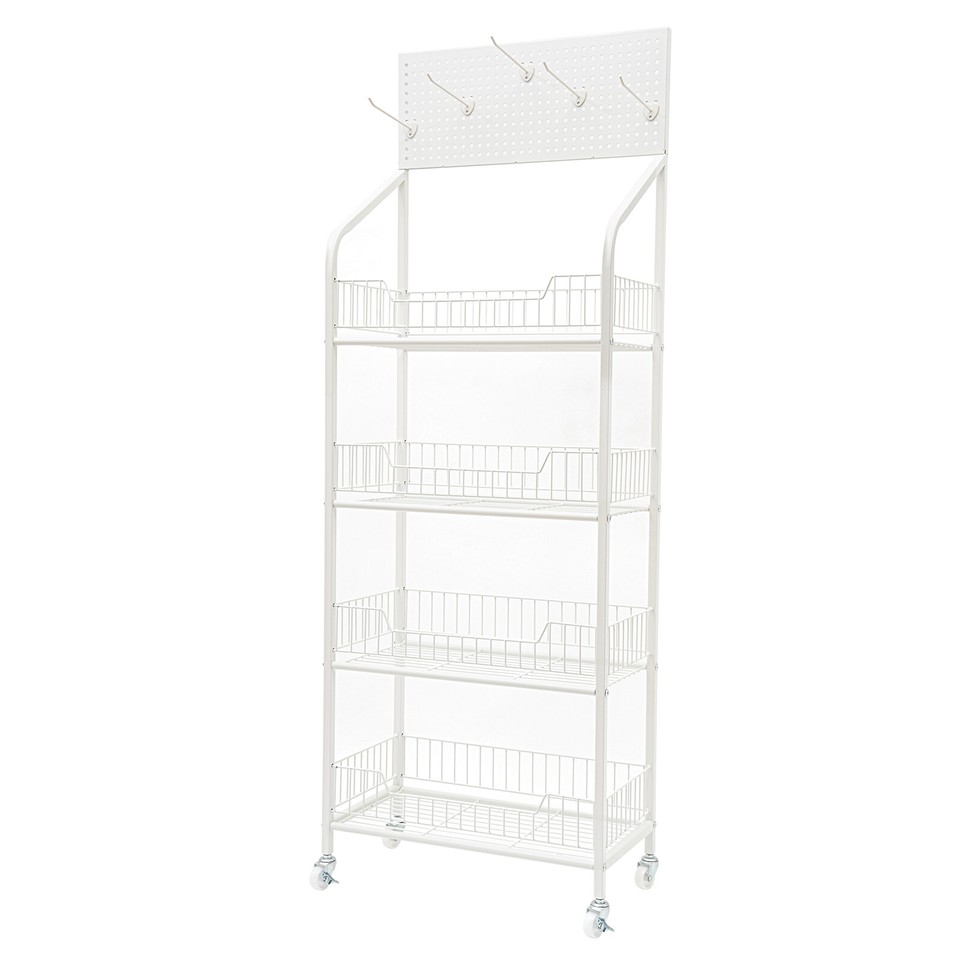 4-Tier White Metal Storage Rack with Wheels and Hooks for Home & Office ...