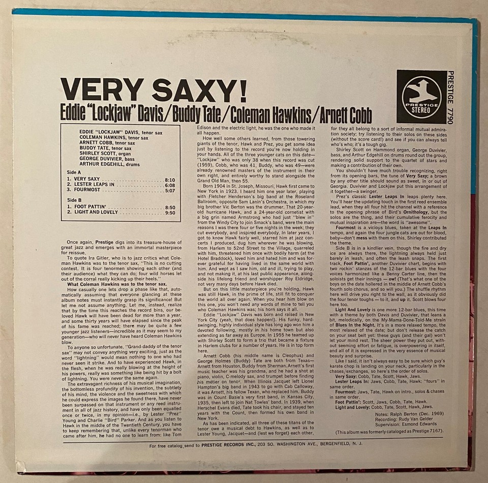 EDDIE LOCKJAW DAVIS Very Saxy COLEMAN HAWKINS Buddy Tate Arnett Cobb ...