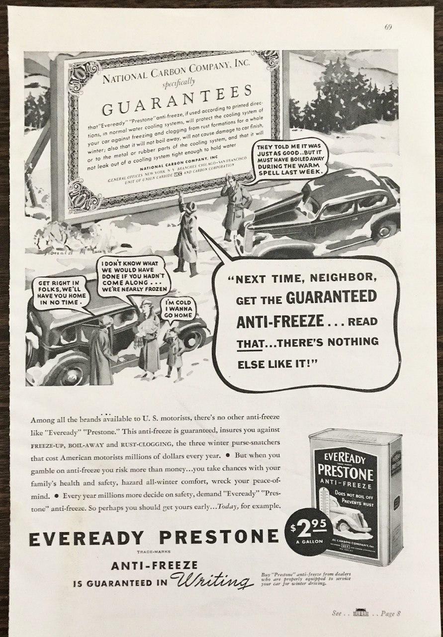 1937 Eveready Prestone Anti-Freeze Print Ad Snow Scene Cars People ...