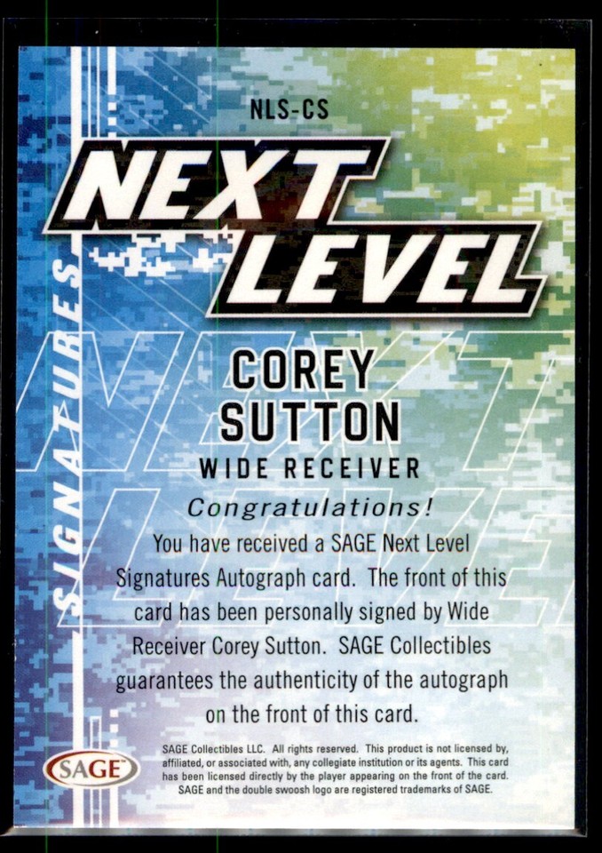 Corey Sutton 2022 SAGE HIT Next Level RC Autograph Rookie Auto #NLS-CS ...