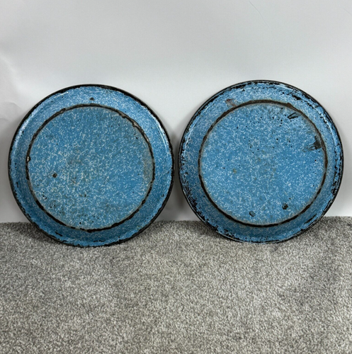Lot Of 2 Antique Granite Enamelware Blue & White Sponge Large Pie Pans ...