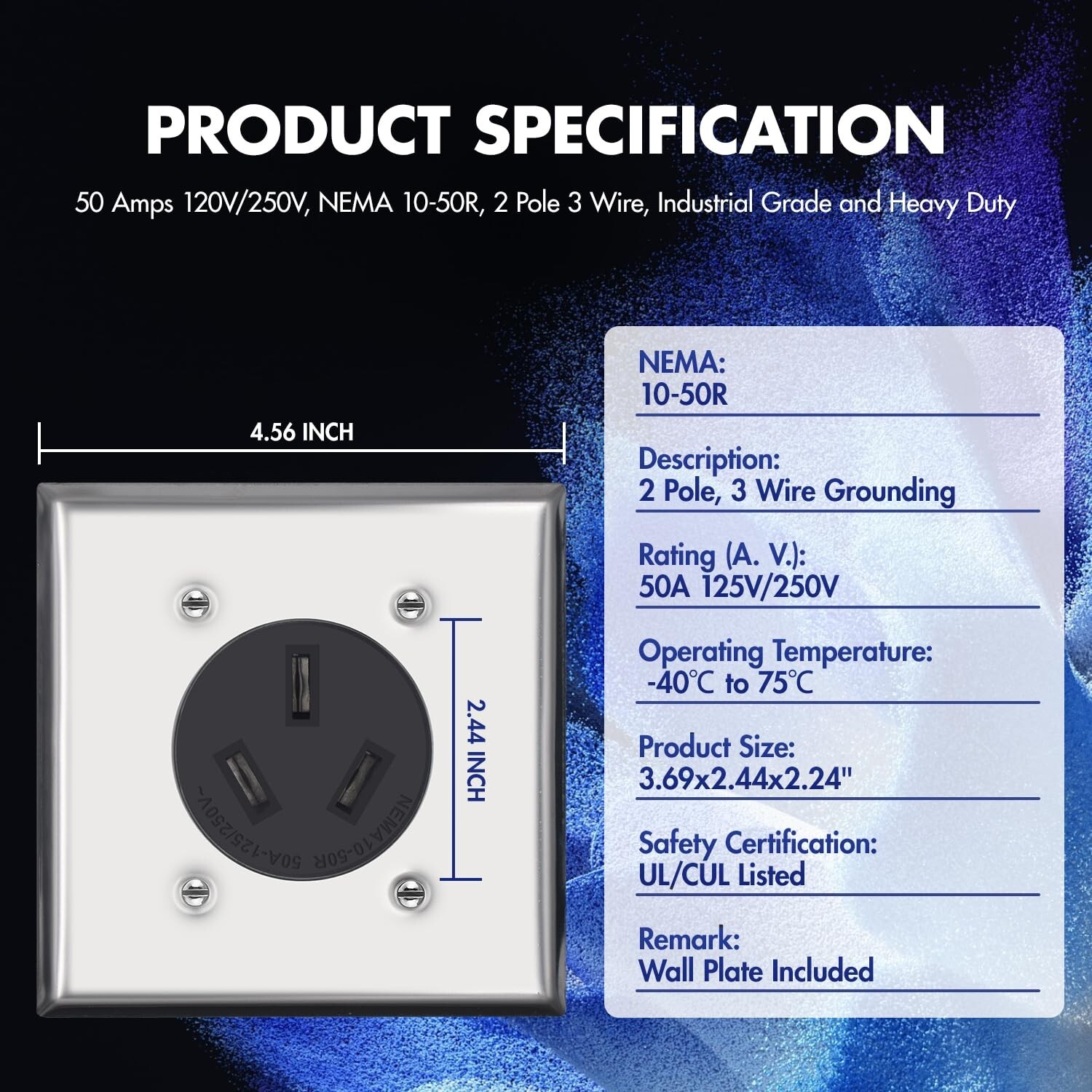 NEMA 10-50R Receptacle Outlet 50 A,Flush Mounting,3P,3W 125/250V,With ...