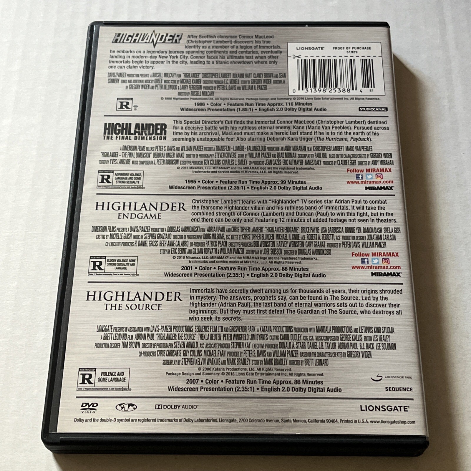 Highlander: 4-Film Collection DVD 4-Disc Set Christopher Lambert HTF ...