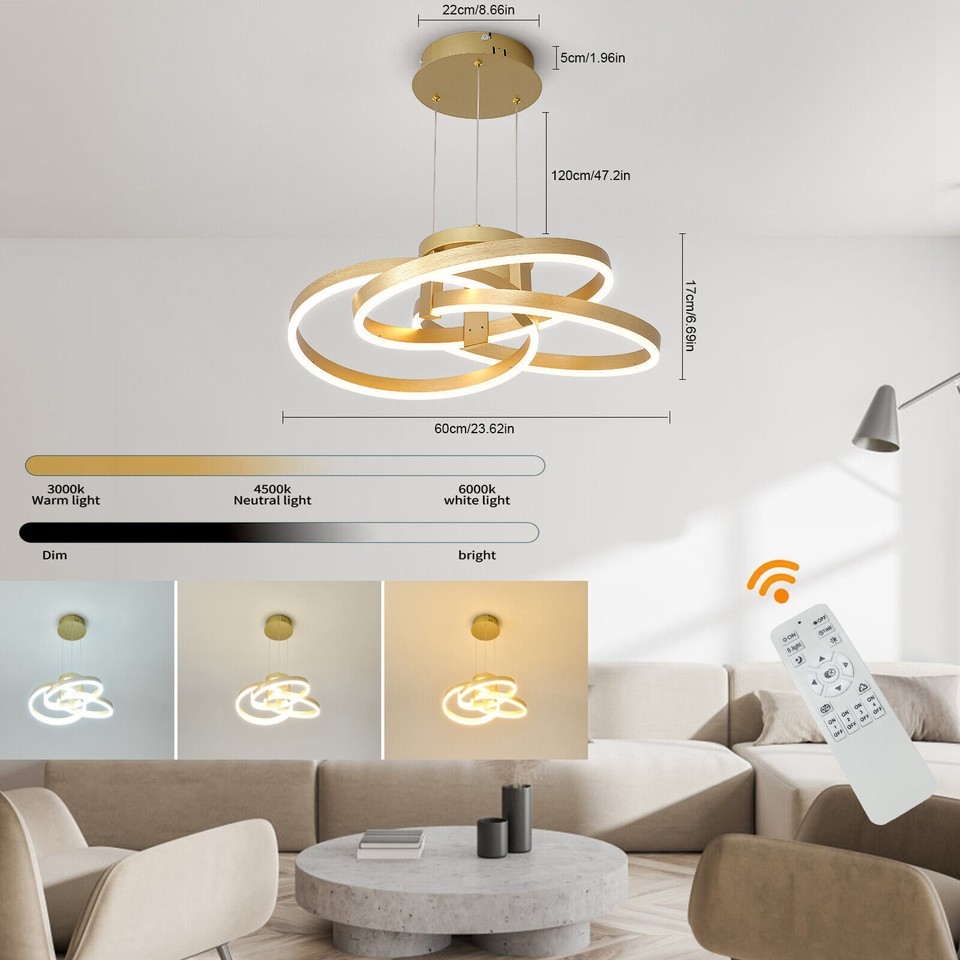 Modern Pendant Light Gold Wave LED Ceiling Lamp Dimmable Dining Room ...