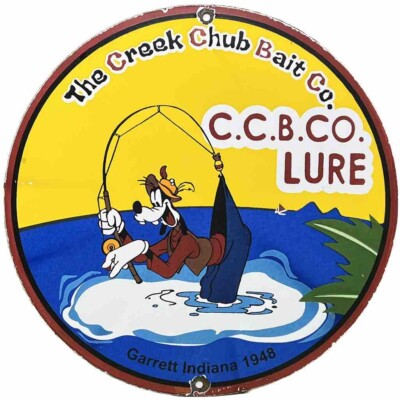 VINTAGE C.C.B.CO TACKLE LURES PORCELAIN SIGN GAS BAIT CREEK CHUB DISNEY ...