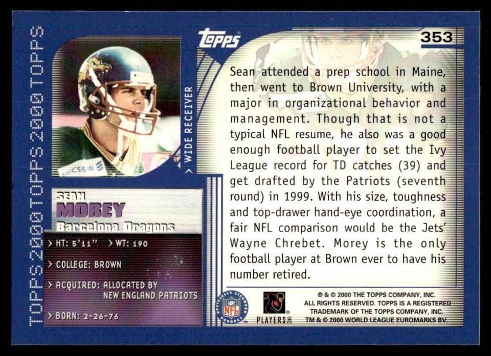2000 Topps Sean Morey Rookie Barcelona Dragons #353 | eBay
