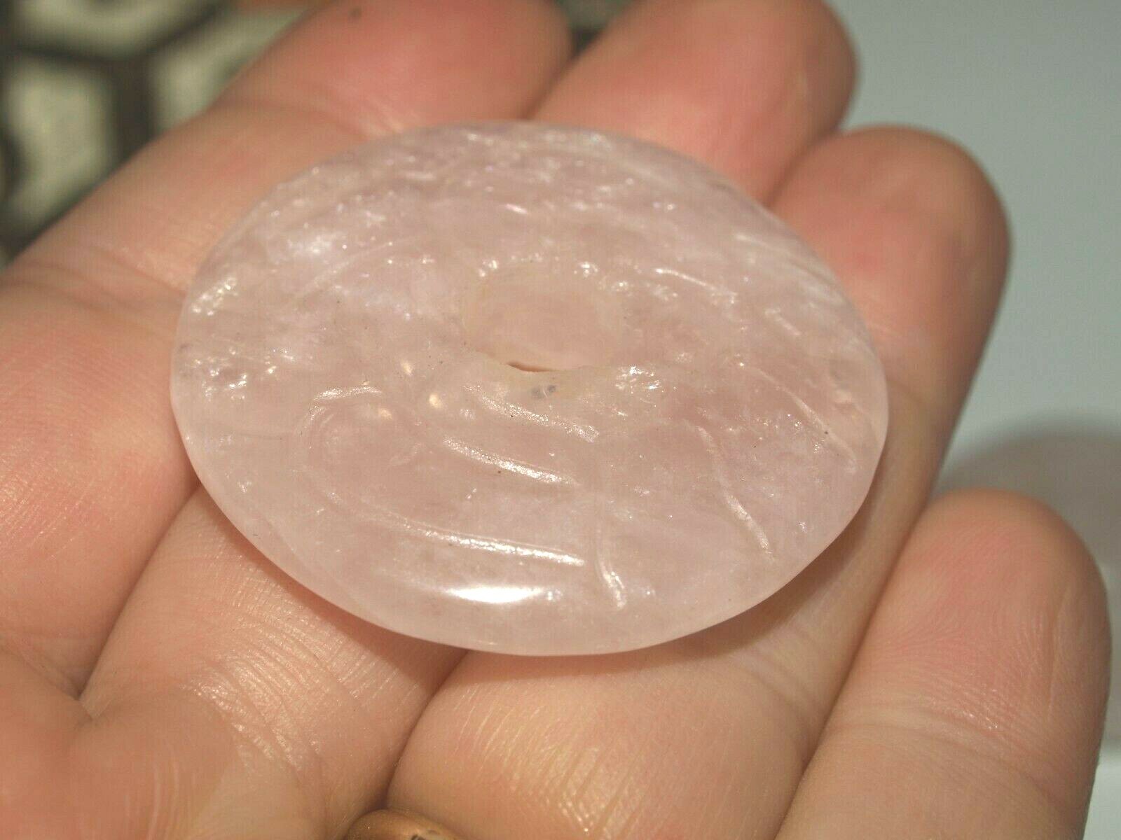 Vintage Carved Chinese Pink Rose Quartz Stone Bi or Pi Disc Large ...