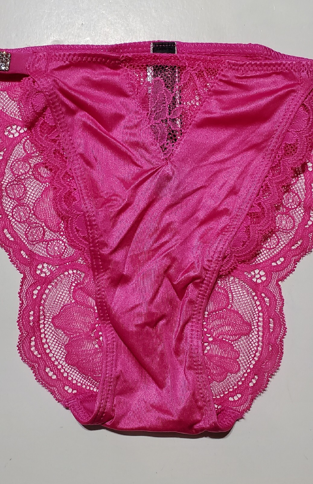 Victorias Secret Shiny Strap Cheeky Panty Semi Sheer Lace 5/S Neon Pink ...