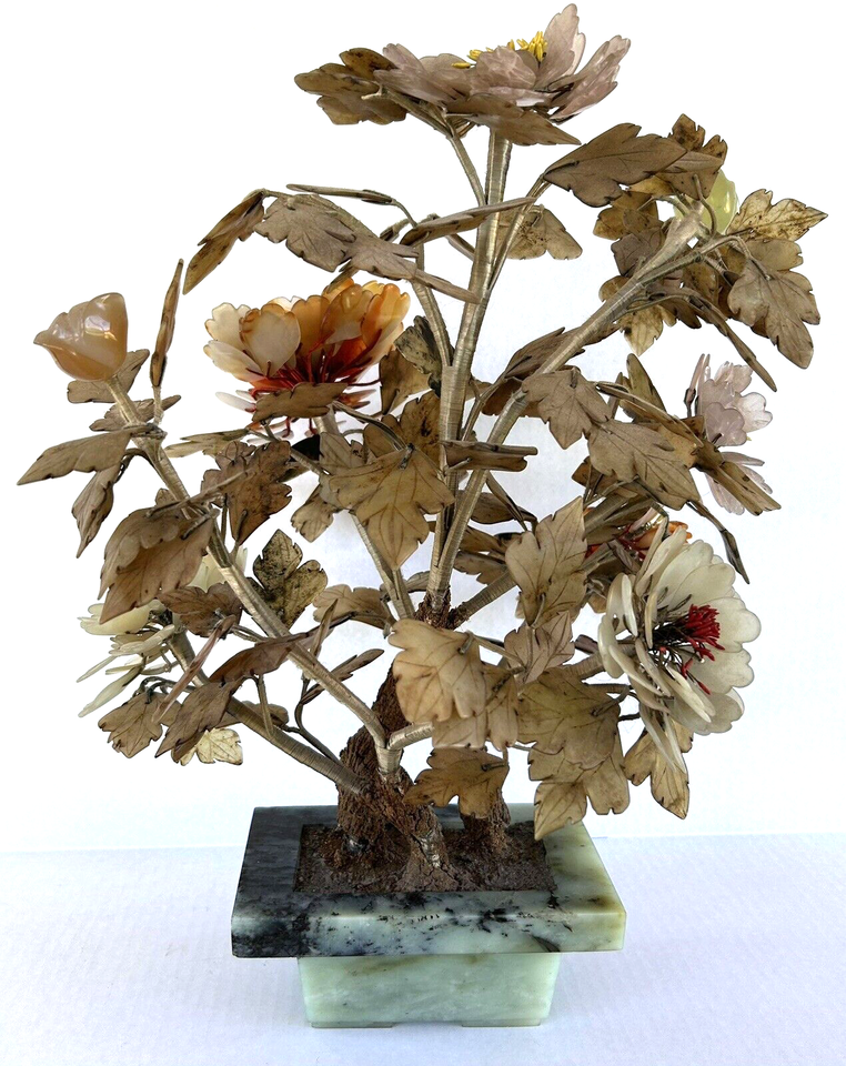 Chinese Jade Tree Sculpture 19" Carved Semi Precious Stone Flowers Jade ...