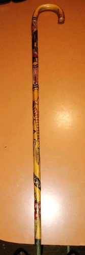 VINTAGE MEXICAN HAND CARVED PAINTED WOOD FOLK ART WALKING CANE 35 1/2 ...