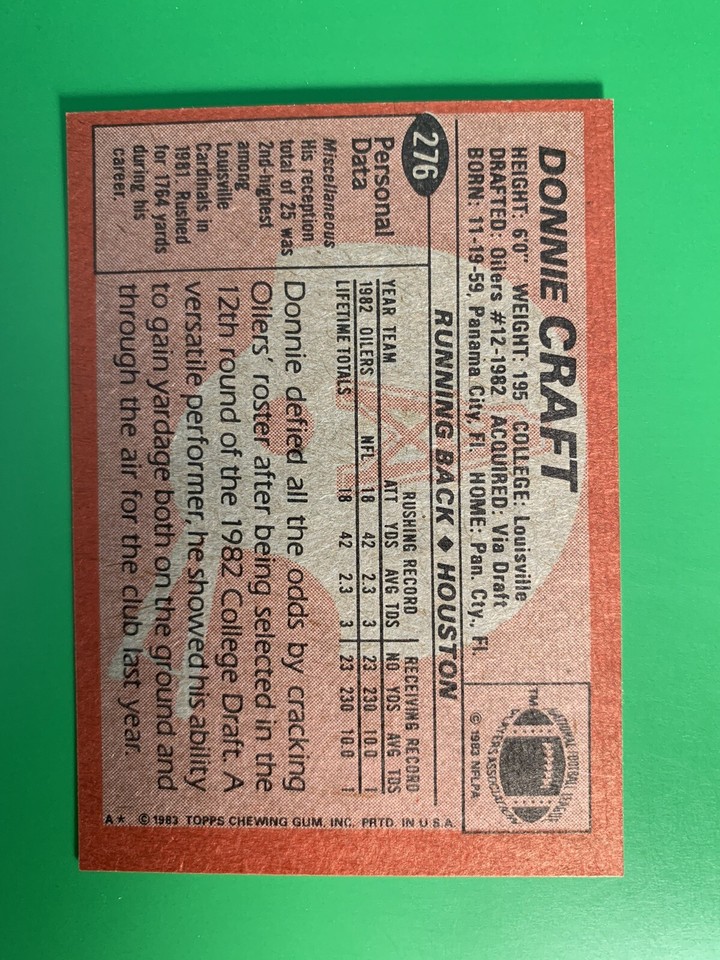 1983 Topps Donnie Craft RC #276 Houston Oilers | eBay