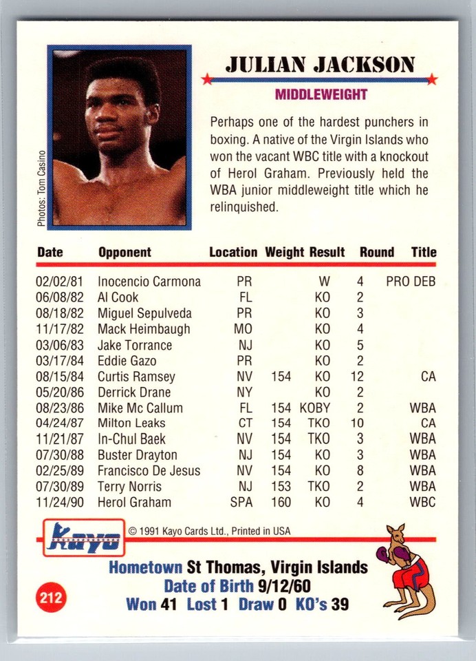 1991 Kayo Boxing Julian Jackson Middleweight Champion #212 | eBay