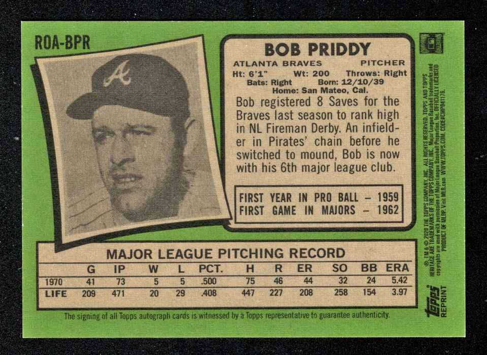 2020 Topps Heritage High Autograph Bob Priddy Real One Atlanta Braves ...
