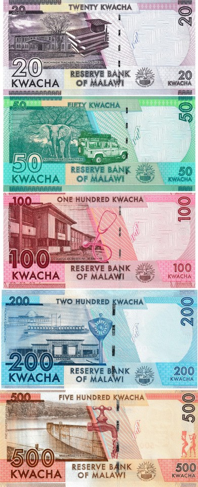 Malawi Set (Set #1) 20, 50, 100, 200, 500 Kwacha, 2017-2022, UNC, 5 ...