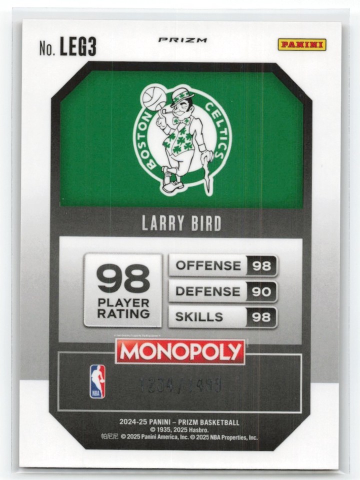 2024-25 Prizm Monopoly Legends Larry Bird Orange Icons Legends Insert ...
