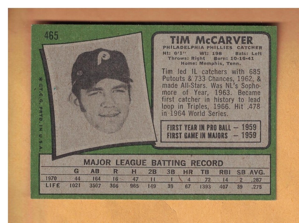 Tim McCarver AUTOGRAPHED 1971 TOPPS BASEBALL CARD SIGNED PHILADELPHIA ...