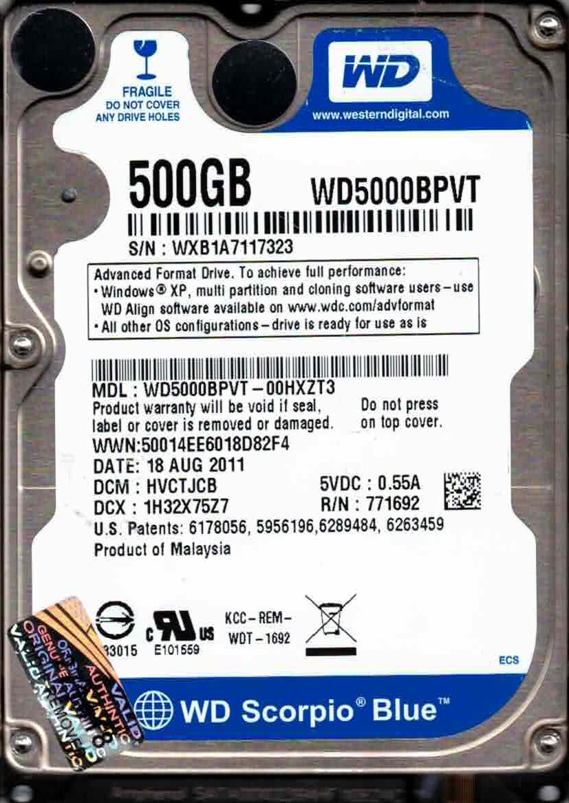WD5000BPVT-00HXZT3, HVCTJCB, WESTERN DIGITAL SATA 500GB WXB1 AUG 2011 ...