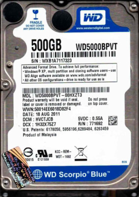 WD5000BPVT-00HXZT3, HVCTJCB, WESTERN DIGITAL SATA 500GB WXB1 AUG 2011 ...