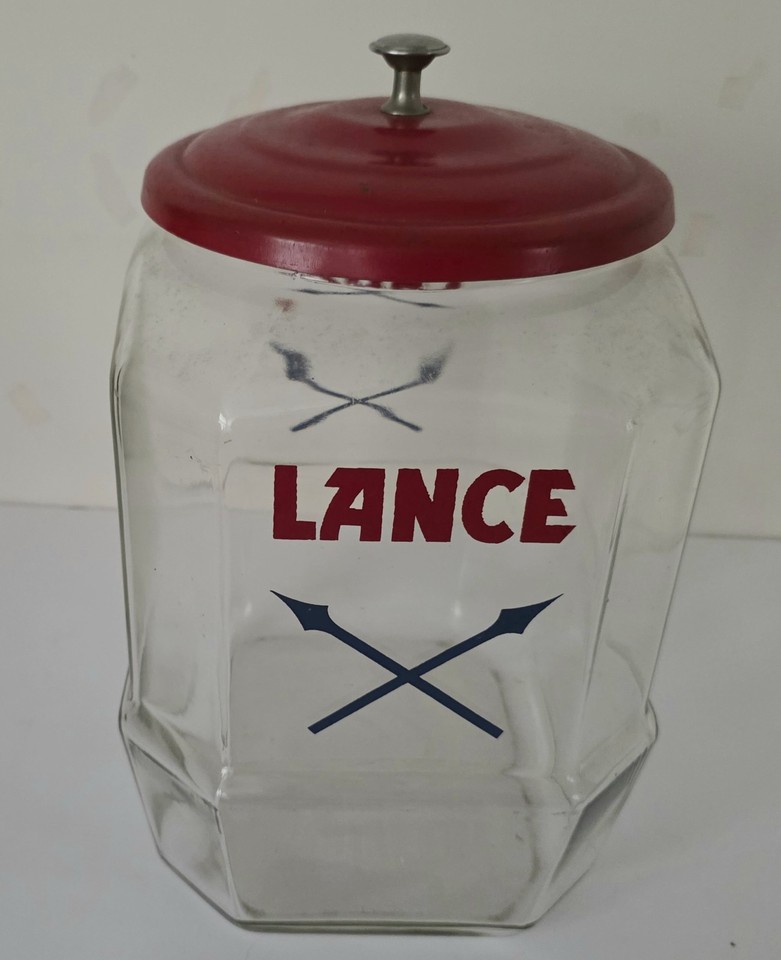 Vintage 1930s Lance Cracker Glass Jar with Red Metal Lid -8 Sided -10.5 ...