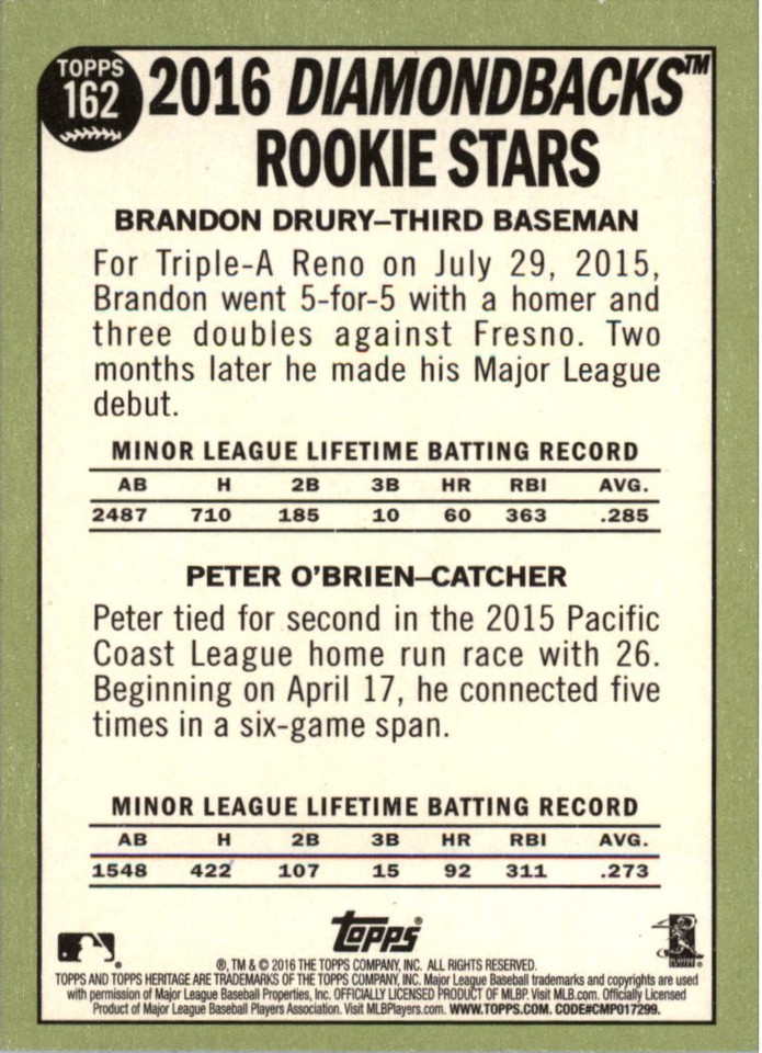 2016 Topps Heritage #162 Peter O'Brien RC Brandon Drury RC - NM | eBay