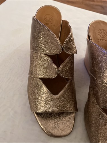 A pair Coclico soft gold upper Slides Sandals w Wooden 3 1/2 “ heels ...