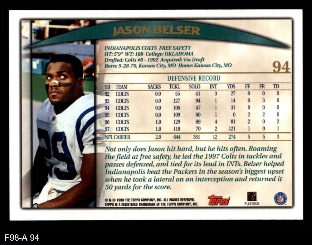1998 Topps #94 Jason Belser Colts Oklahoma 8 - NM/MT | eBay