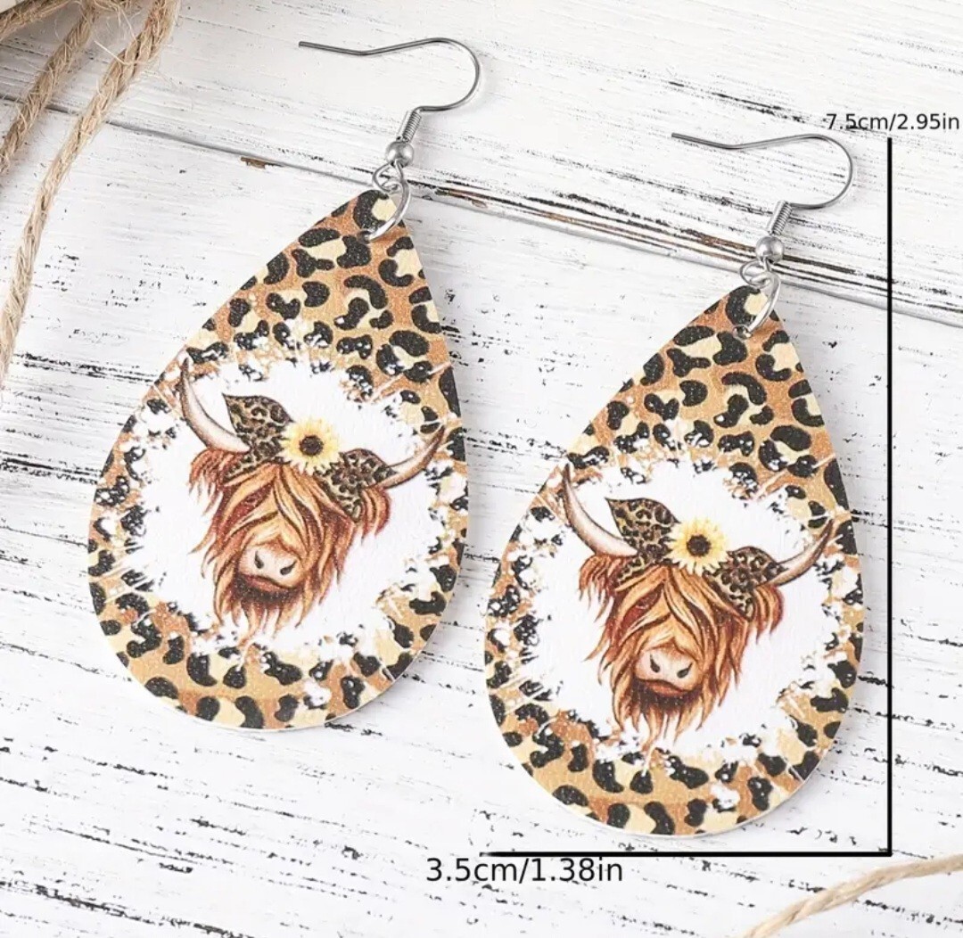 Highlind Cow & Leopard Print PU Leather Teardrop Dangle Earrings - New ...
