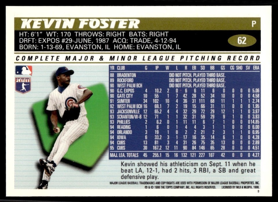 1996 Topps Baseball Card Kevin Foster Chicago Cubs #62 | eBay